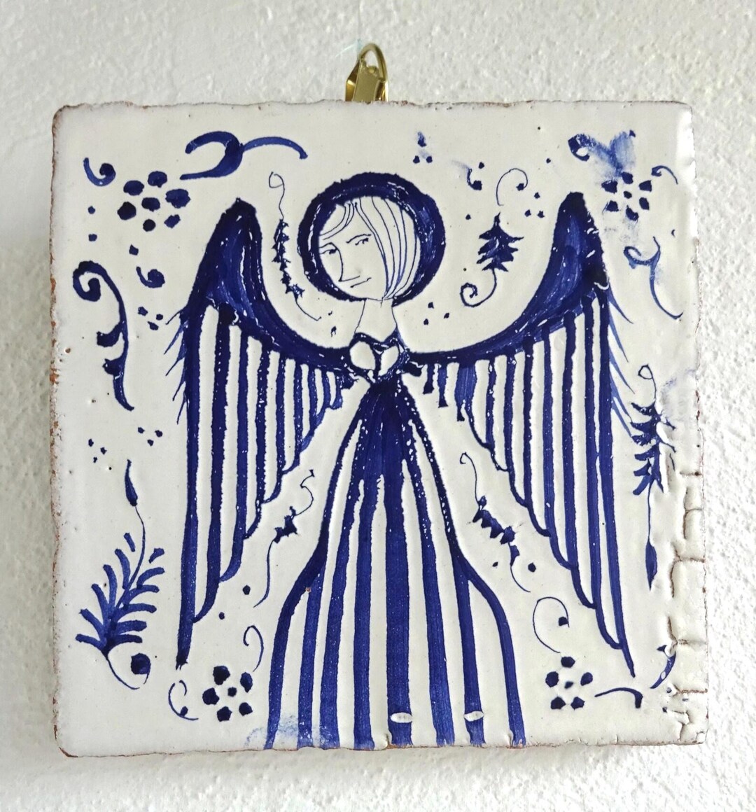 Vintage Spanish Angel Tile, Cobalt Blue and White Glazed Terracotta ...