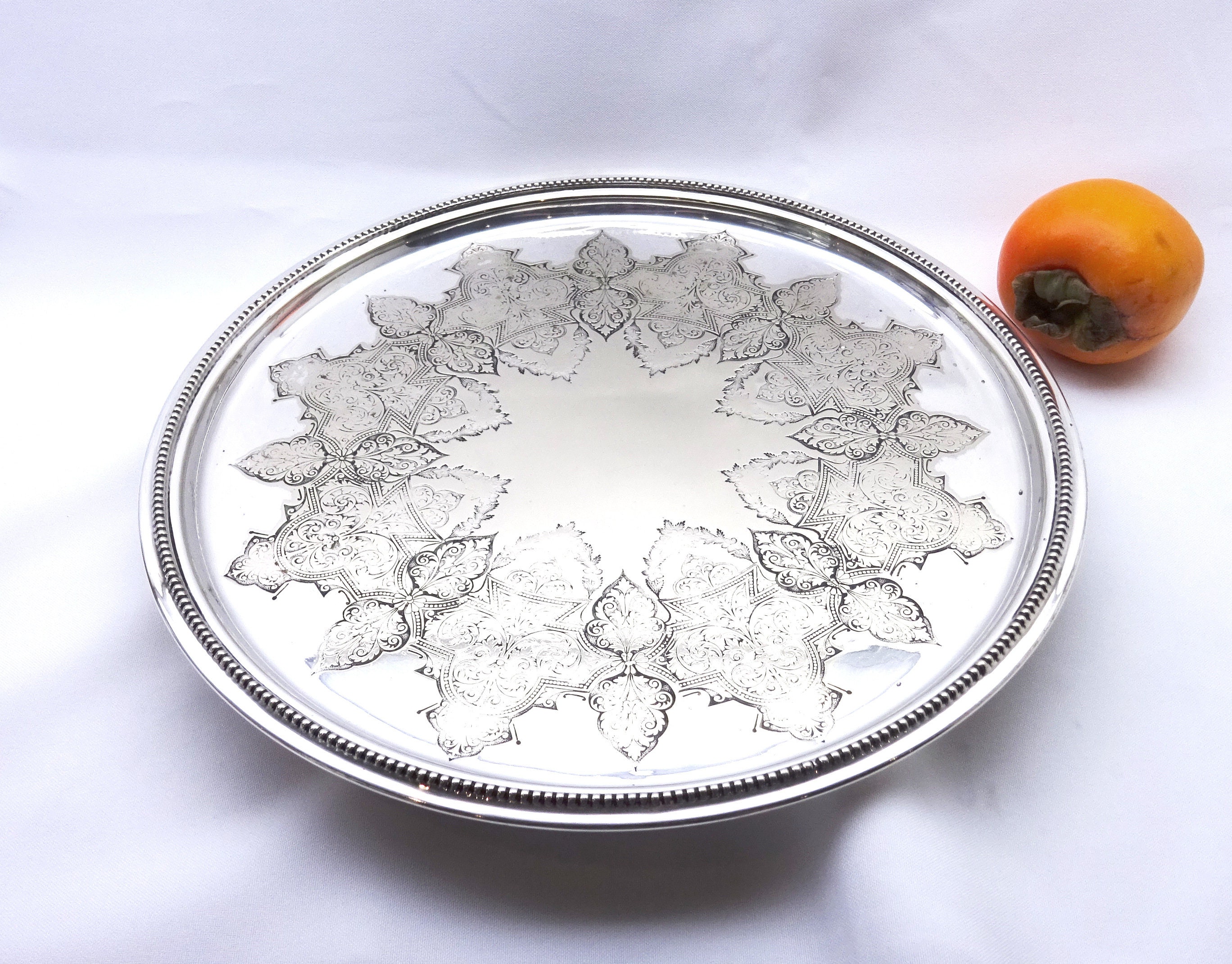 Antique Silver Plated Tray, Circular Engraved Drinks Tray, Three Ball ...