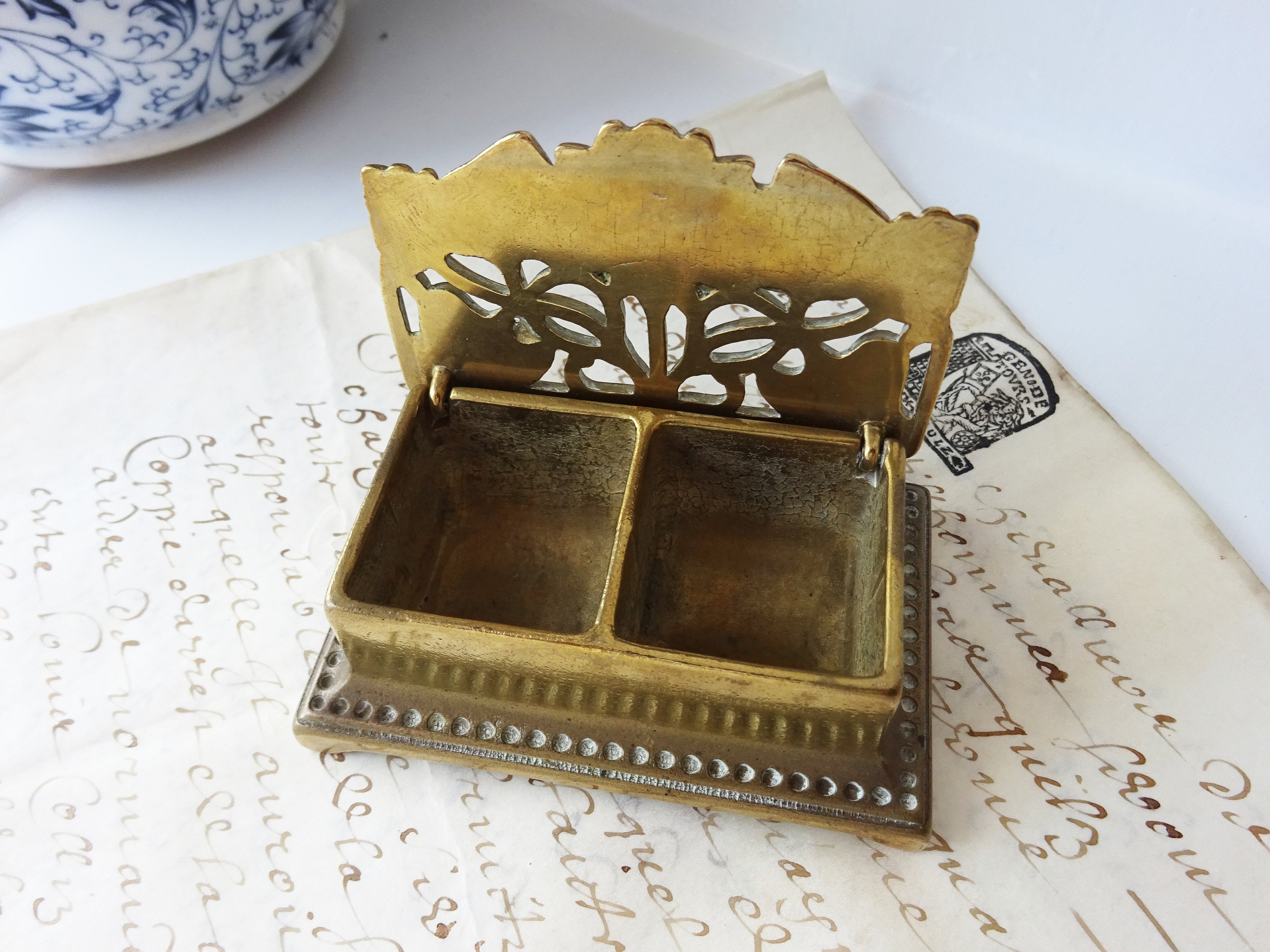 Vintage Brass Stamp Box, Art Nouveau Style Stamp Holder Dispenser ...