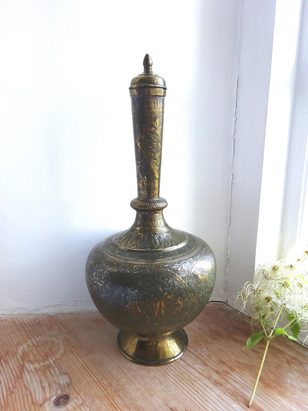 Antique Indian Brass Surahi Water Vessel, Engraved Brass Lidded Vase ...