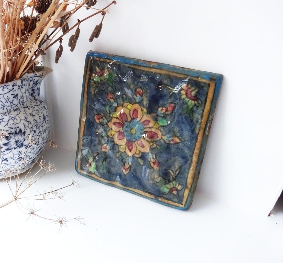 Antique Middle Eastern Tile, Hand Painted Floral Pottery Tile With ...