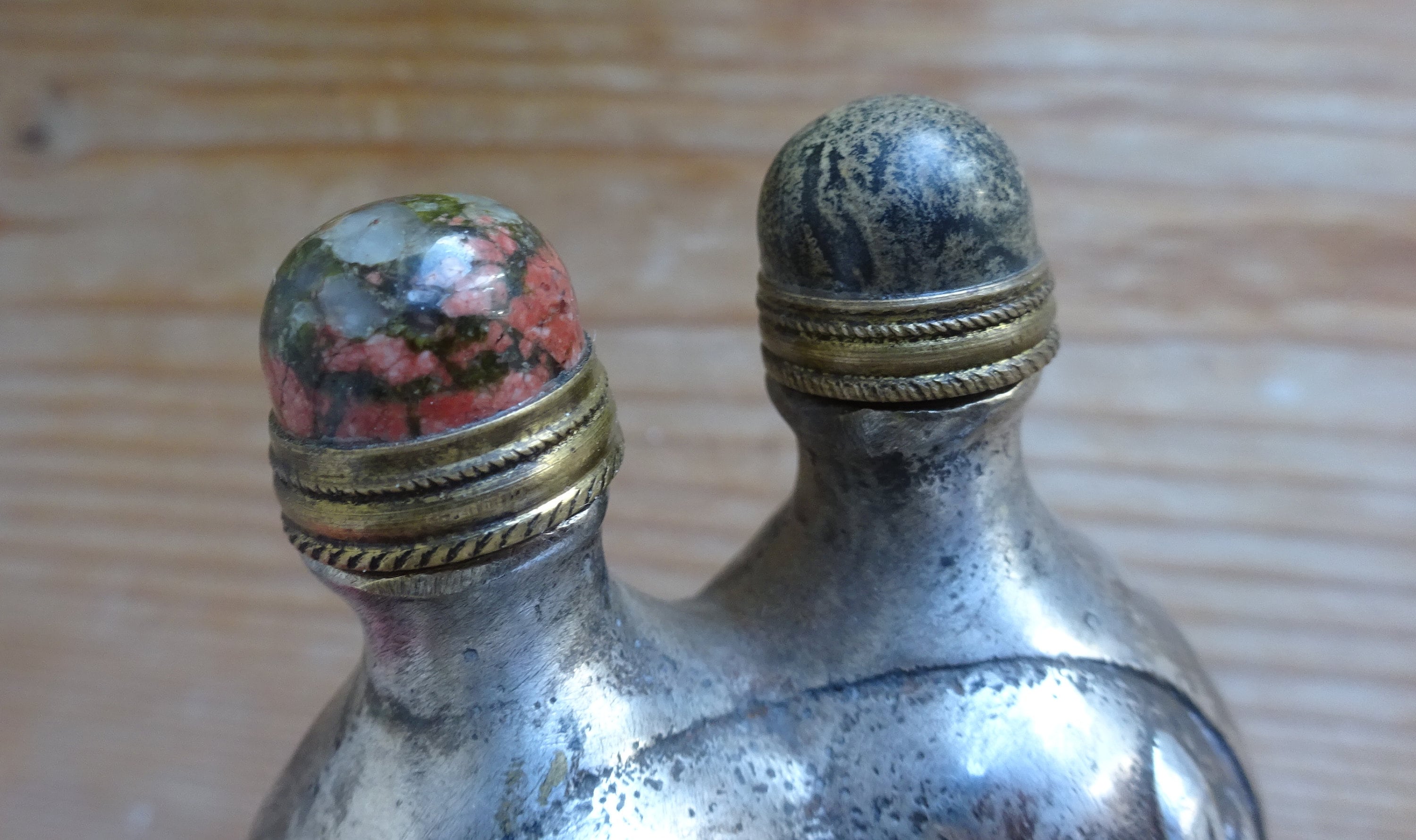 Antique Chinese Double Snuff Bottle, Silver Plated Brass With Spoons ...