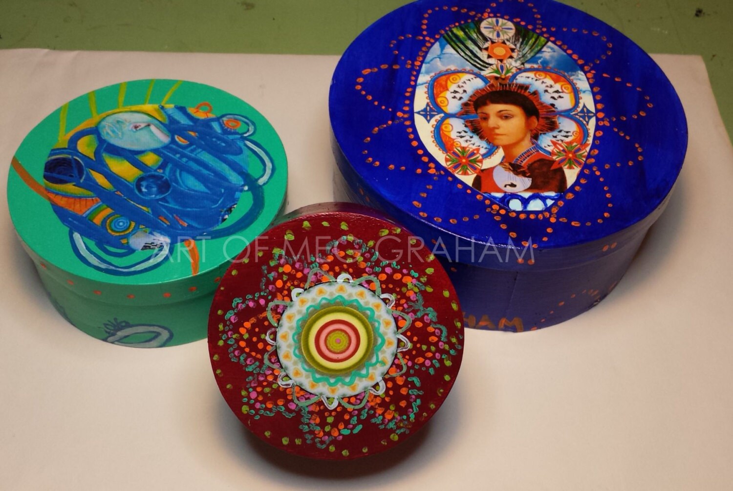 Art Box- Hand Painted, Turquoise Circular Box,visionary Art, Collage ...