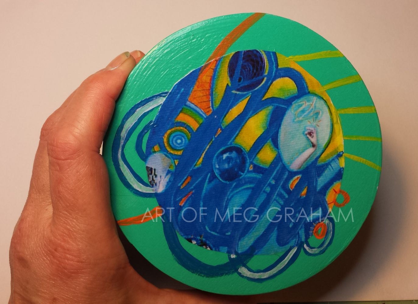 Art Box- Hand Painted, Turquoise Circular Box,visionary Art, Collage ...