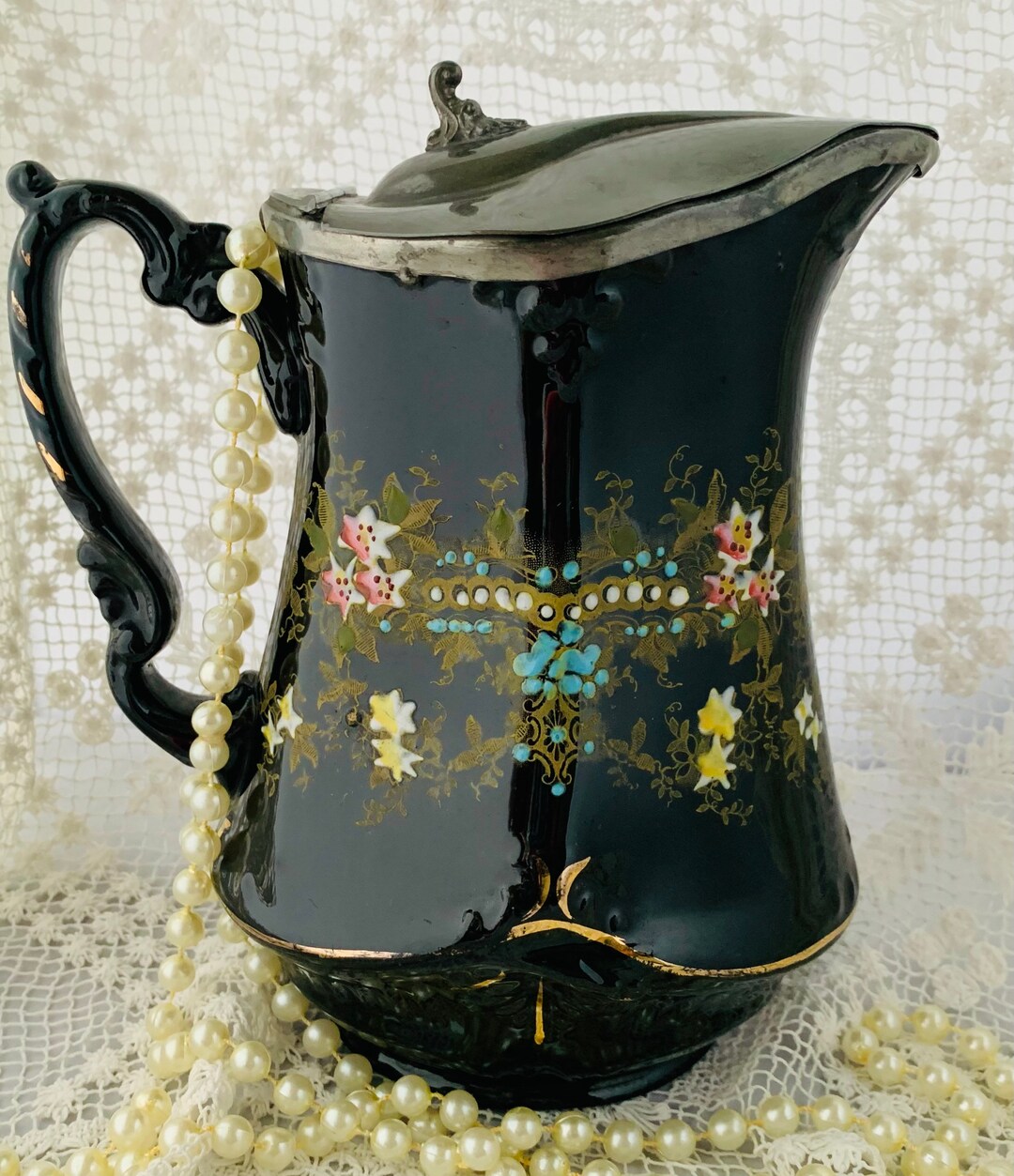 Antique Victorian Jug: Hand-decorated Porcelain With Pewter Lid, C1891 ...