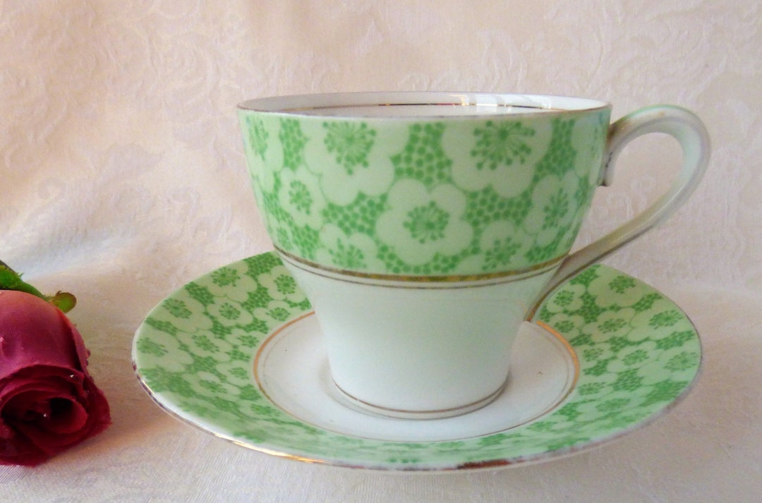Vintage Bell China Tea Cup and Saucer: Green Floral Porcelain, C1930s ...