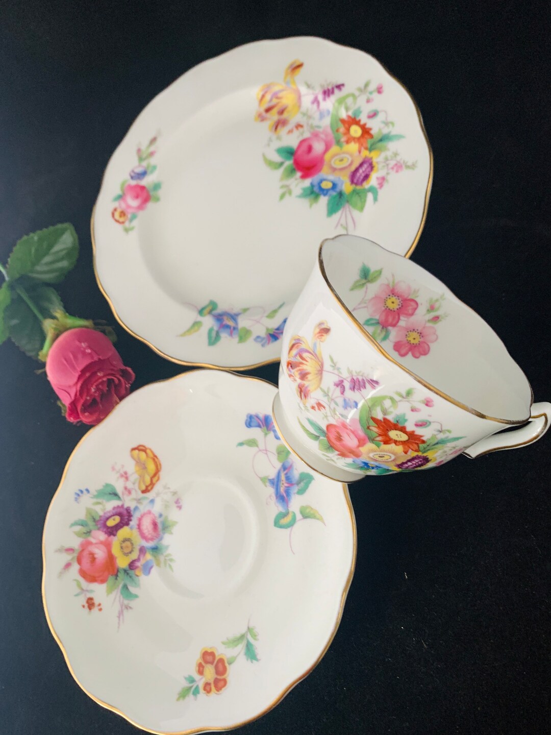 Vintage Crescent Bone China Trio: Cottage Garden Floral Tea Set - Etsy
