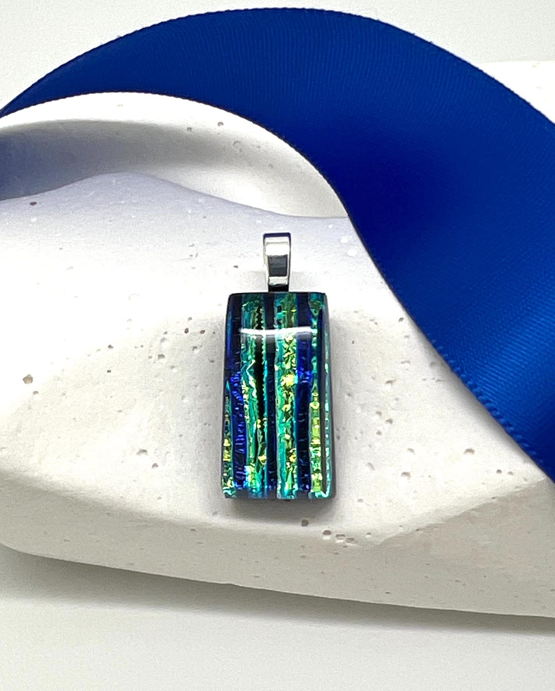 Handcrafted Dichroic Glass Pendant: Cobalt Blue & Green Stripe Design ...