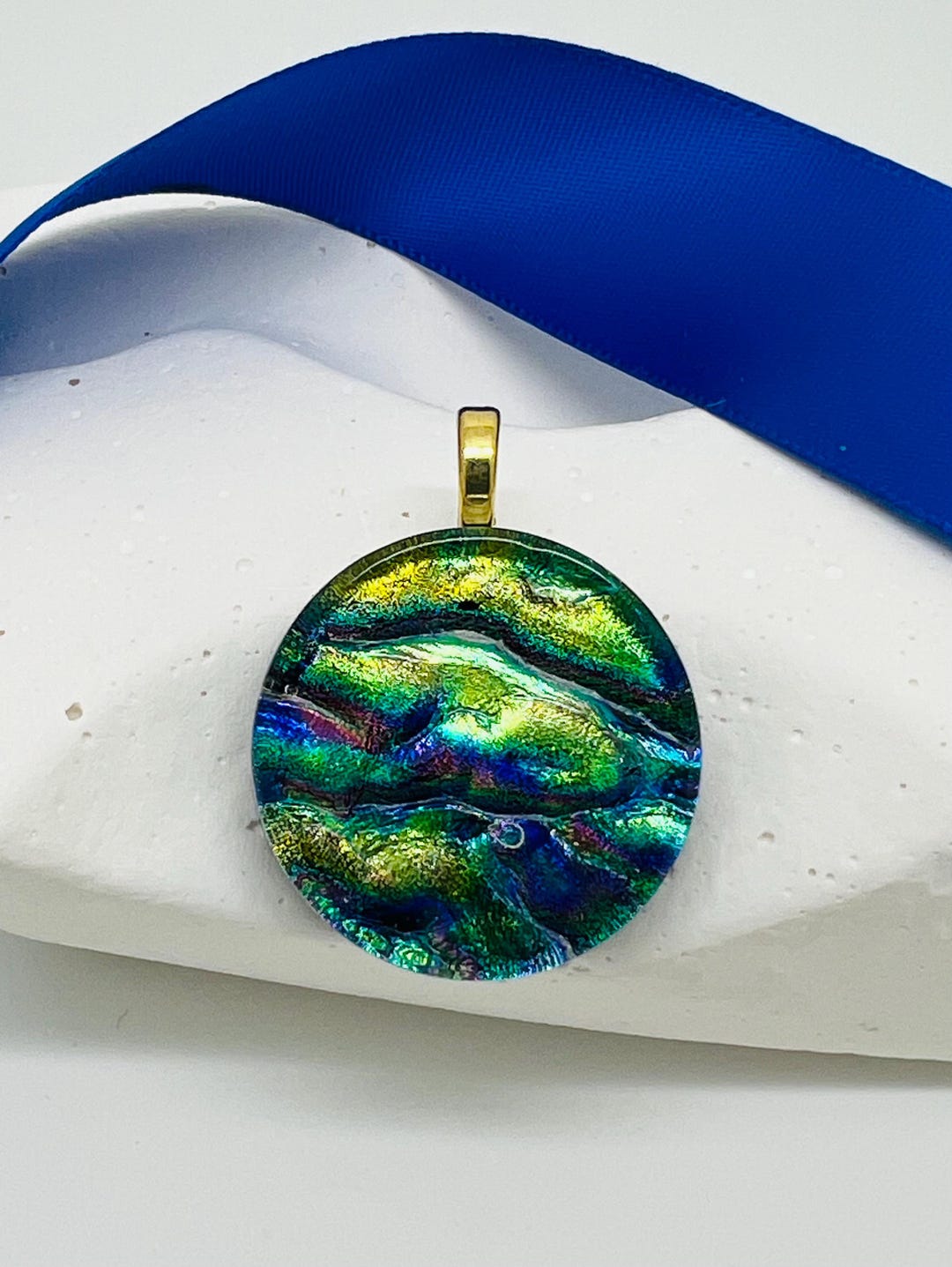 Handcrafted Multicolored Dichroic Glass Pendant: Gold, Blue & Green ...