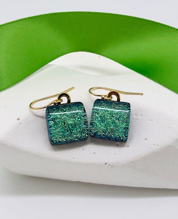 Handcrafted Dichroic Glass Earrings emerald Glass Drop Earrings crinkled Glass Earrings handmade Fused Glass Jewelry modern Square Earrings Etsy