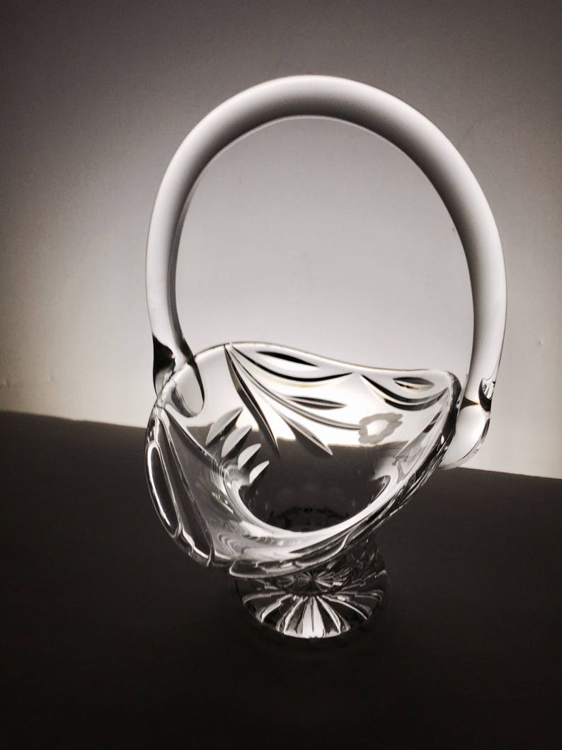 Glass Basket Small Lead Crystal Etched Flowers Applied Handle Cut Glass Etsy