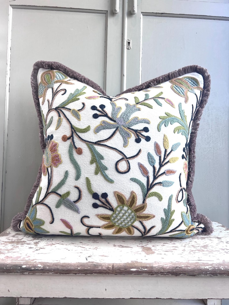 Coromandel Butterfly Crewel Cushion Cover, Heritage Fabric, Fringe ...
