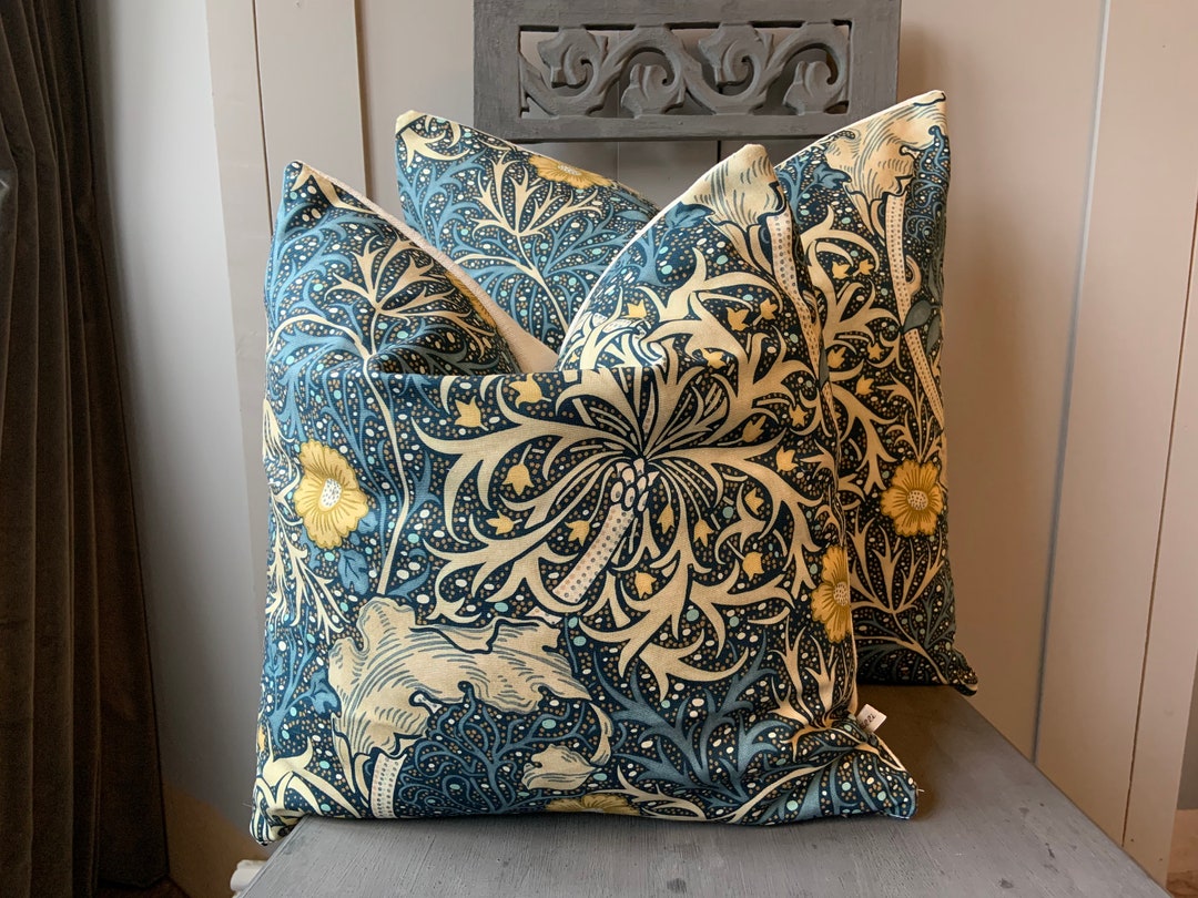 William Morris Seaweed Fabric Designer Cushion Pillow Cover Blue Green ...
