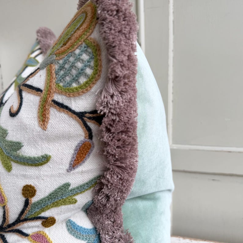 Coromandel Butterfly Crewel Cushion Cover, Heritage Fabric, Fringe ...