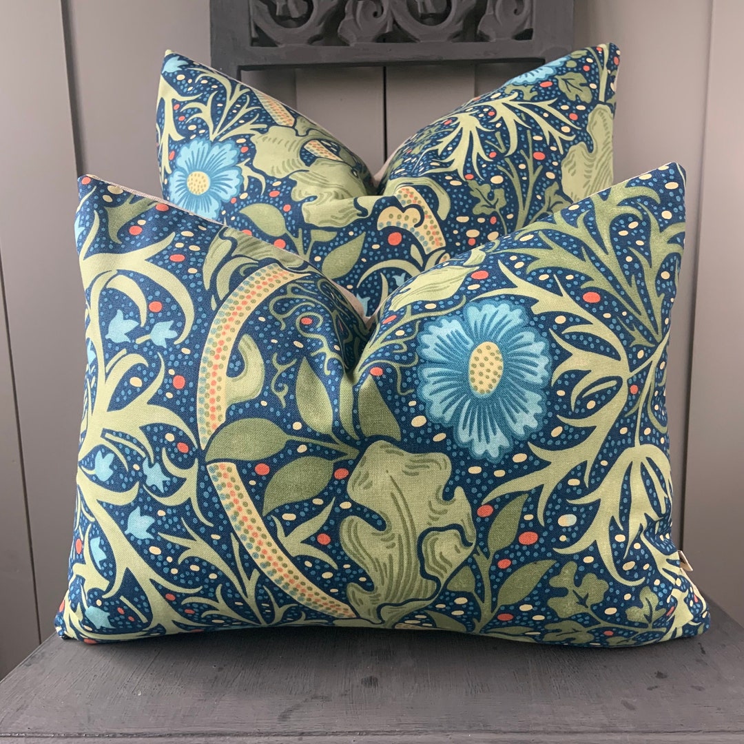 William Morris Luxury Designer Seaweed Colbalt Blue Vintage Cushion ...
