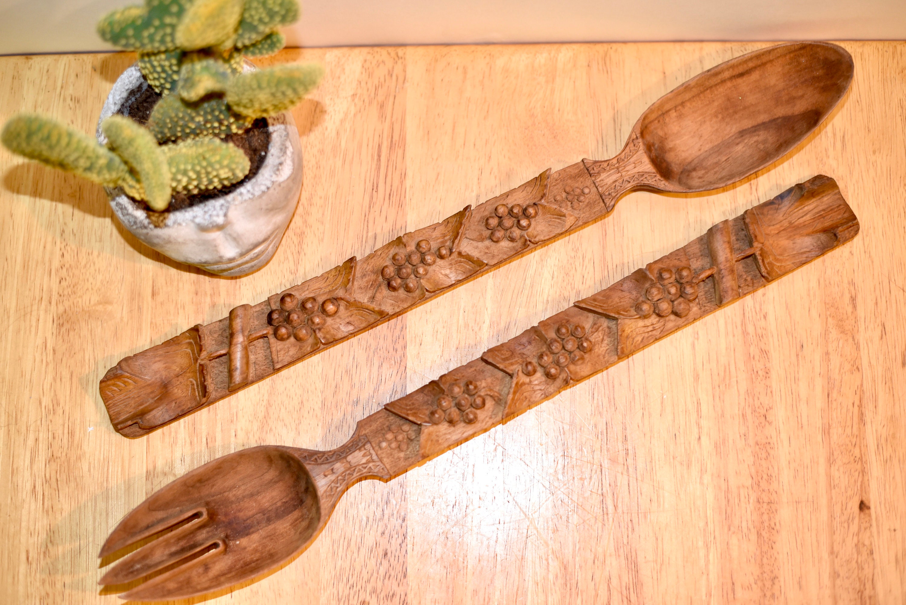 Vintage Tiki Totem Carved Wooden Fork and Spoon Mid-century Design ...