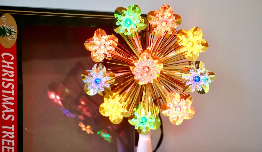 Vintage MCM Gold Flower Tree Topper With Multicolor Lights Gold Tinsel ...