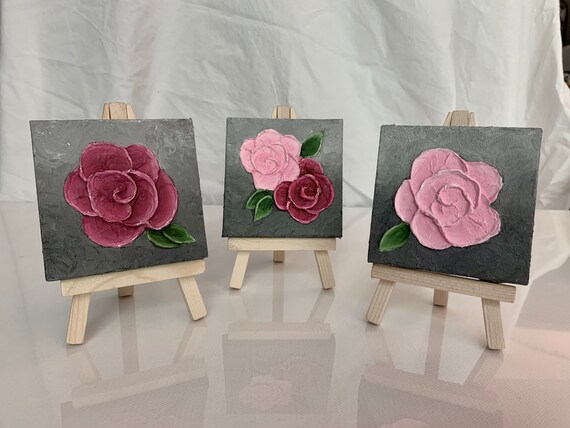 Mini Flower Painting 3 Pack 3x3 inches. Easels included. | Etsy