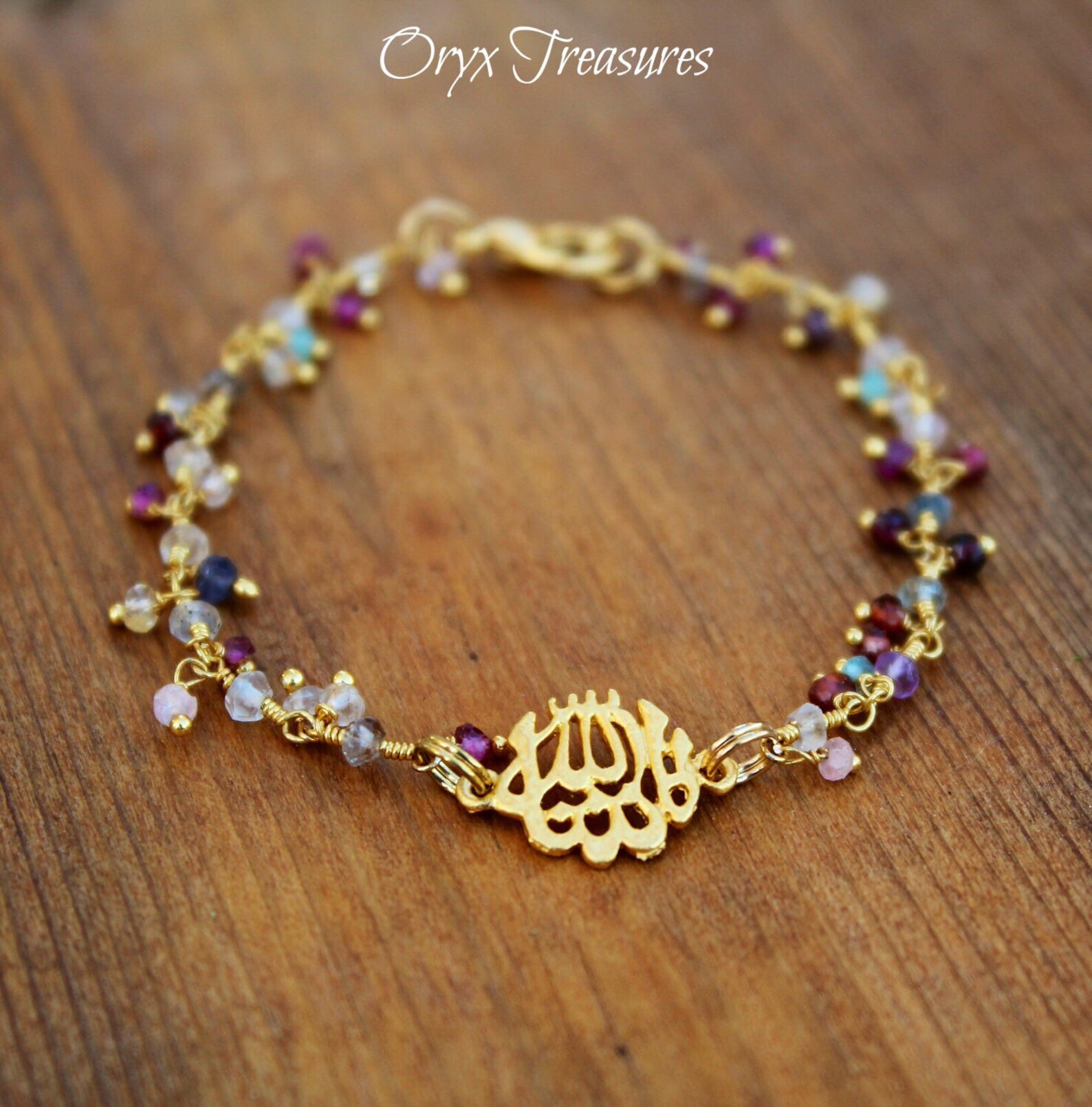 Genuine Tiny Multi Gemstones Nuggets Gold Plated Mashallah Bracelet ...