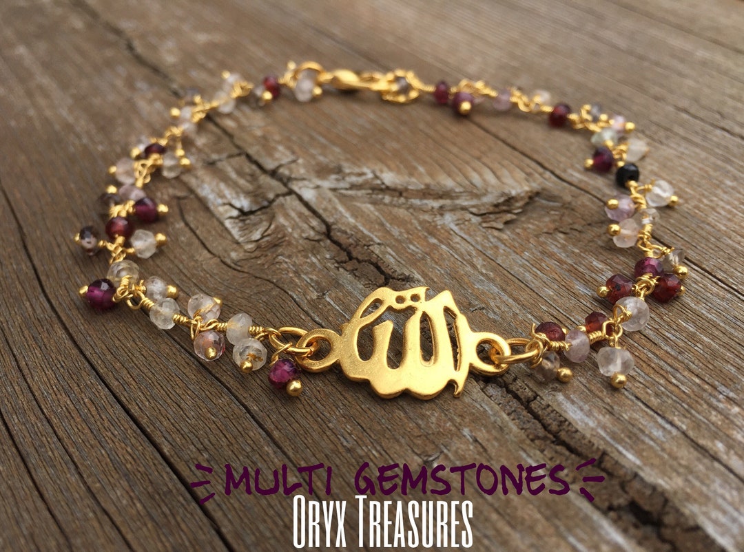 Genuine Tiny Multi Gemstones Nuggets | Gold Plated Mashallah Bracelet ...