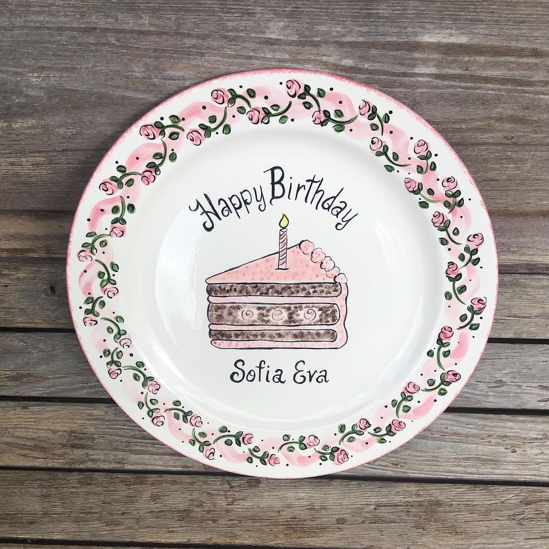 Happy Birthday Plate Personalized With Name, Piece of Cake, and Roses ...