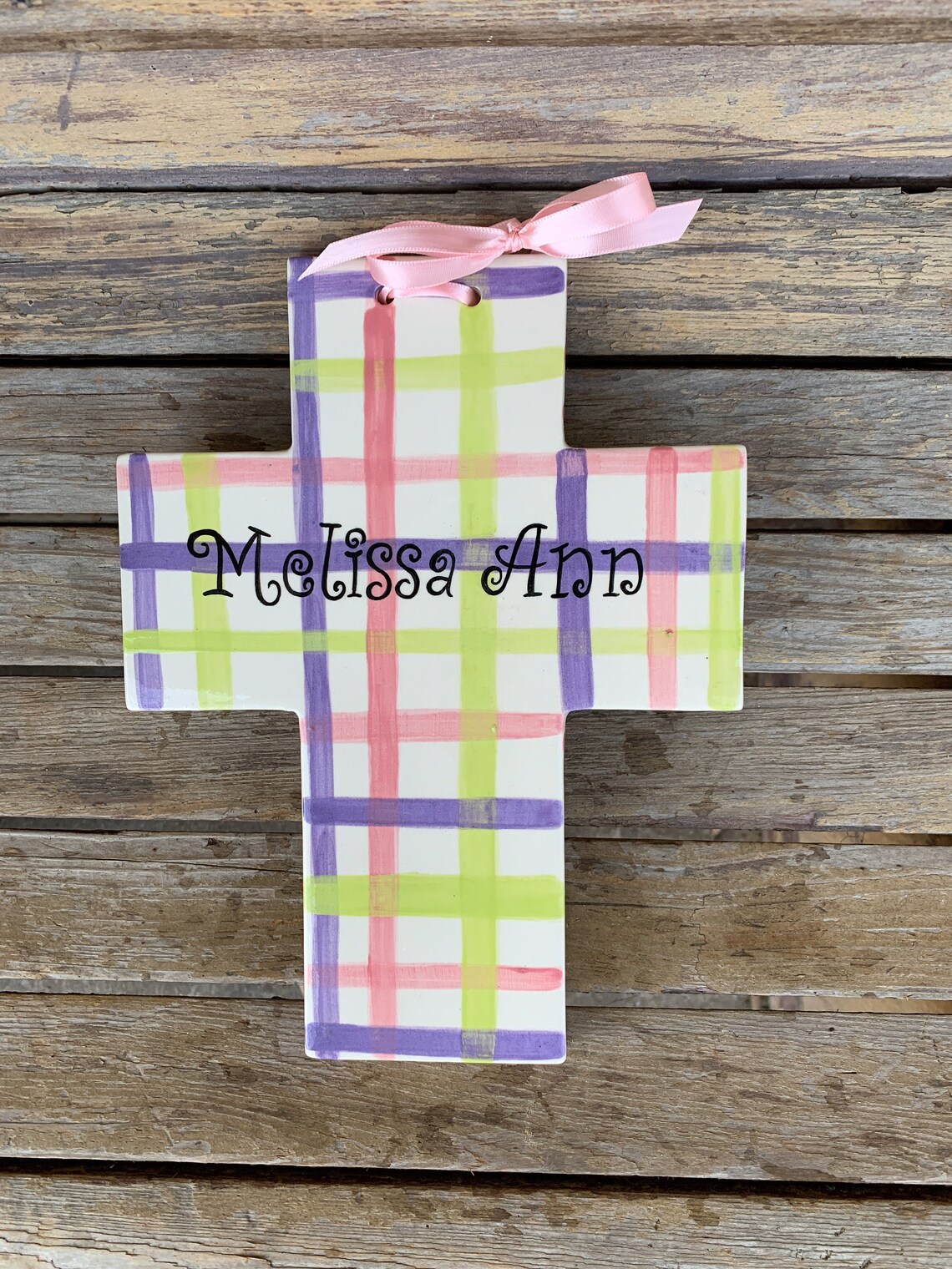 Ceramic Crosses Baptism Gift Roses and Pink/purple Plaid - Etsy