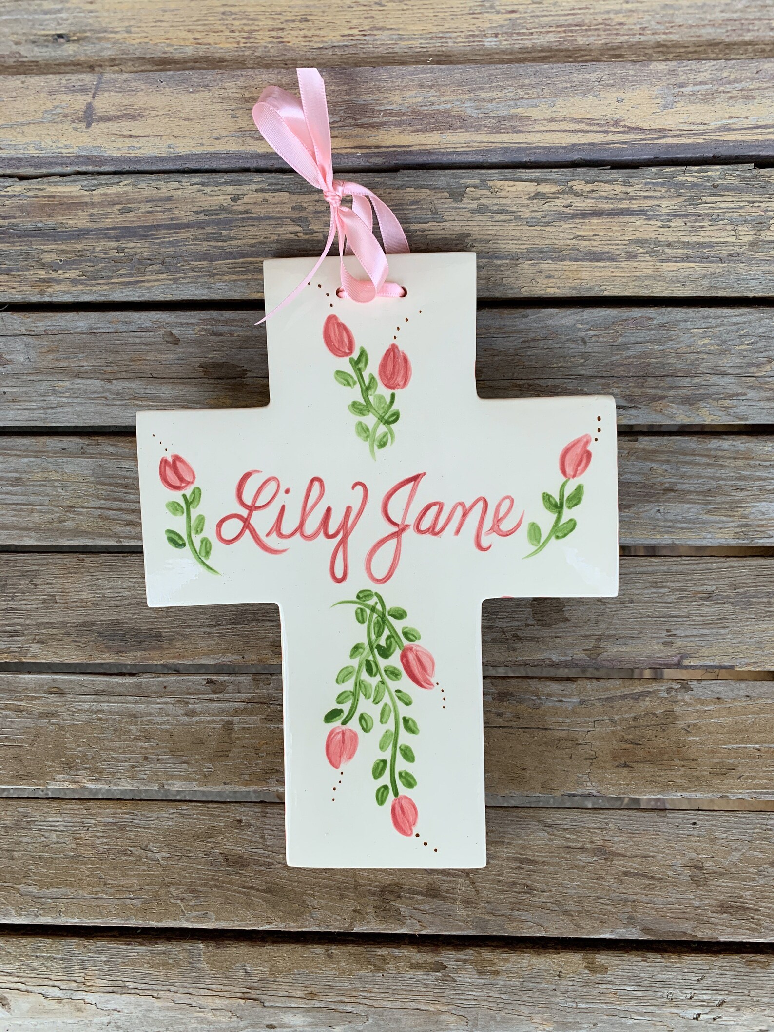 Ceramic Crosses Baptism Gift Roses and Pink/purple Plaid - Etsy