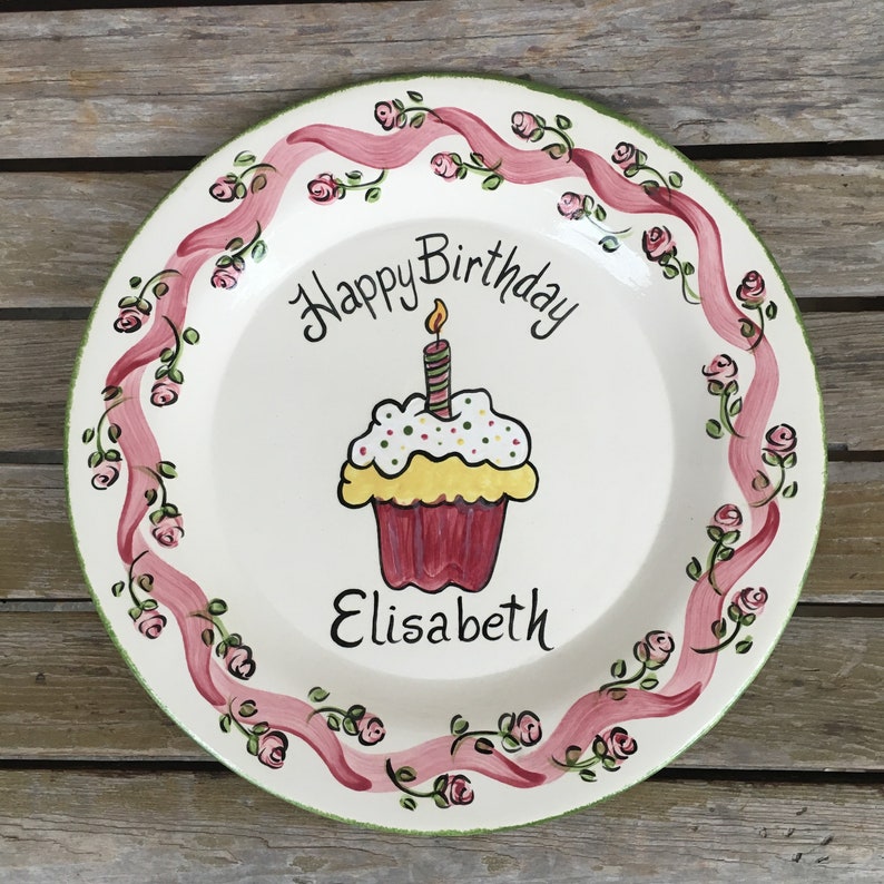 Happy Birthday Plate Personalized With Name, Cupcake, and Roses - Etsy