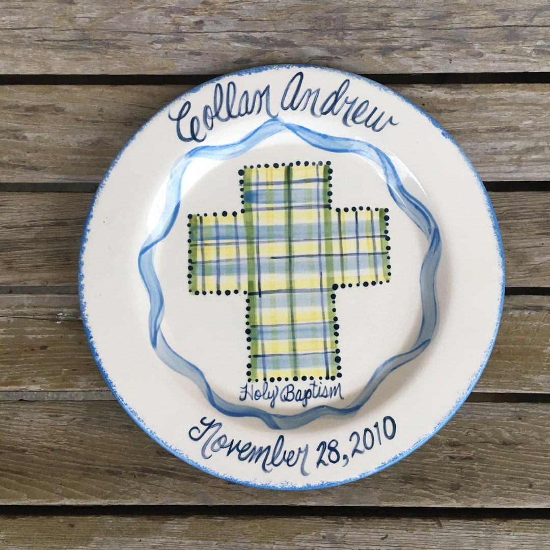 Plaid Cross Plate Personalized Birthday Baptism Christening - Etsy