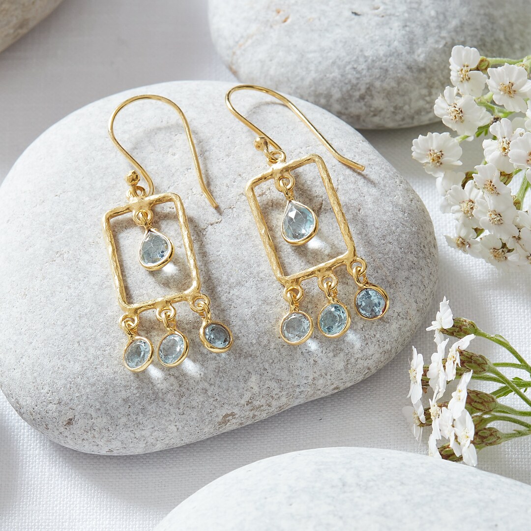 Blue Topaz Rectangle Gold Earrings, Topaz Hammered Gold Earrings, Pale ...
