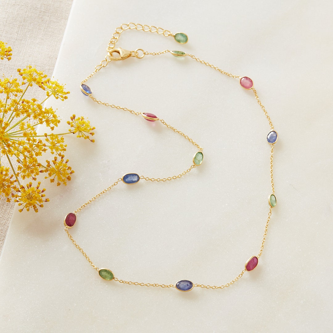 Ruby, Emerald and Sapphire With 18K Gold Plated Sterling Silver Short ...