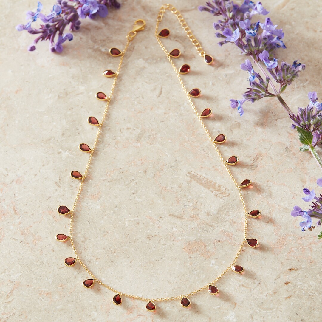 Garnet and Gold Teardrop Necklace, Red Garnet Charm Necklace, Garnet ...
