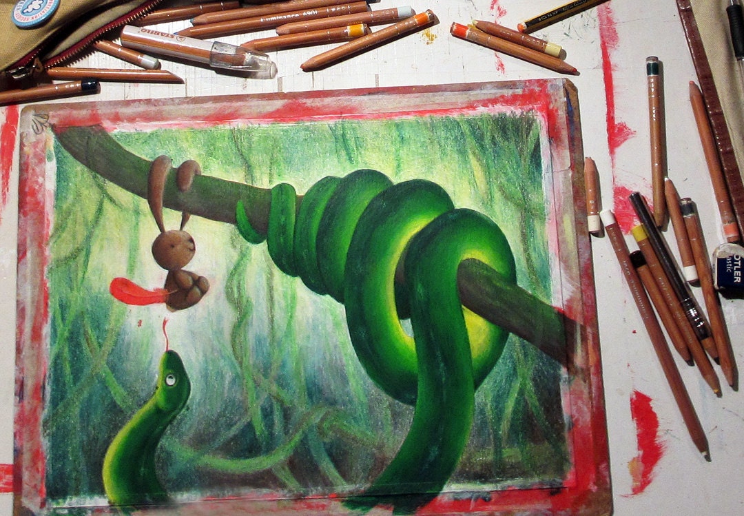 Children Print JUNGLE Green SNAKE Illustration. Bunny Art. | Etsy