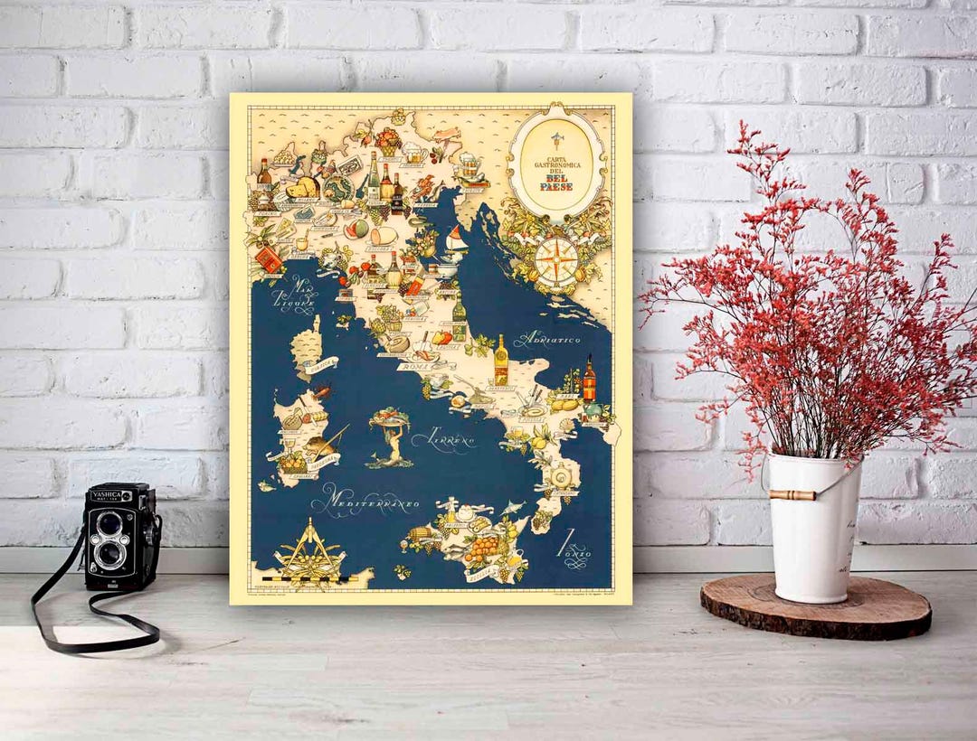 Vintage Gastronomic Map of Italy Poster 1949 Bel Paese Gastronomic Wall ...