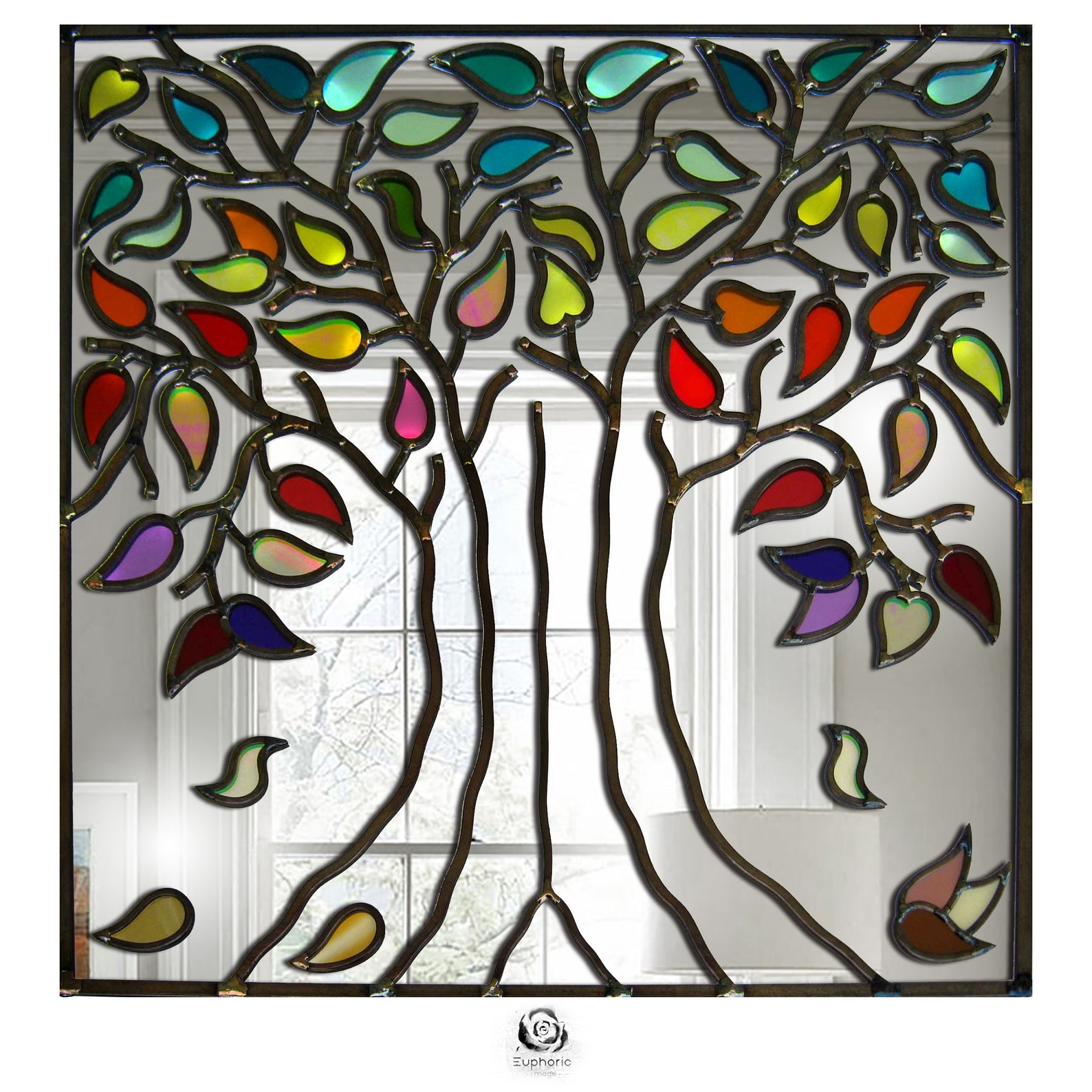 Square Tree of Life Lead Overlay Stained Glass Mirror Design 61 X 61 Cm ...