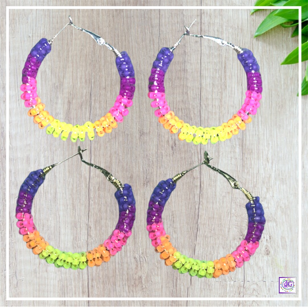 Luminous Neon Hoop Earrings, Beaded and Sparkly Earrings, Colorful and ...