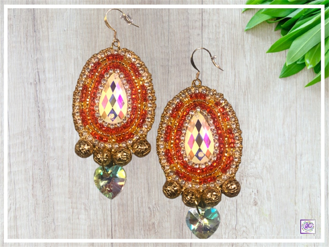 Ruby Red and Gold Beaded Earrings With Heart Charm Sparkly Glittering ...