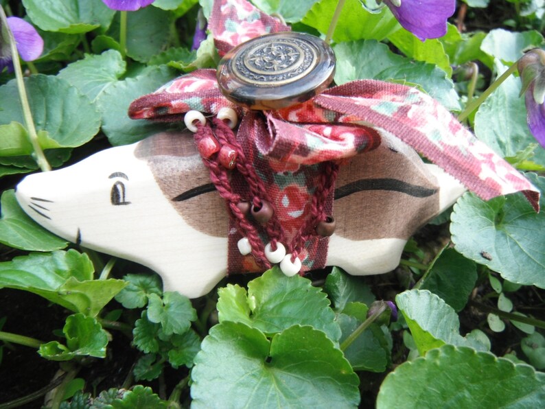 Carved Wooden Badger Totem: Vintage Rose Ribbon & Red Tiger's Eye - Etsy