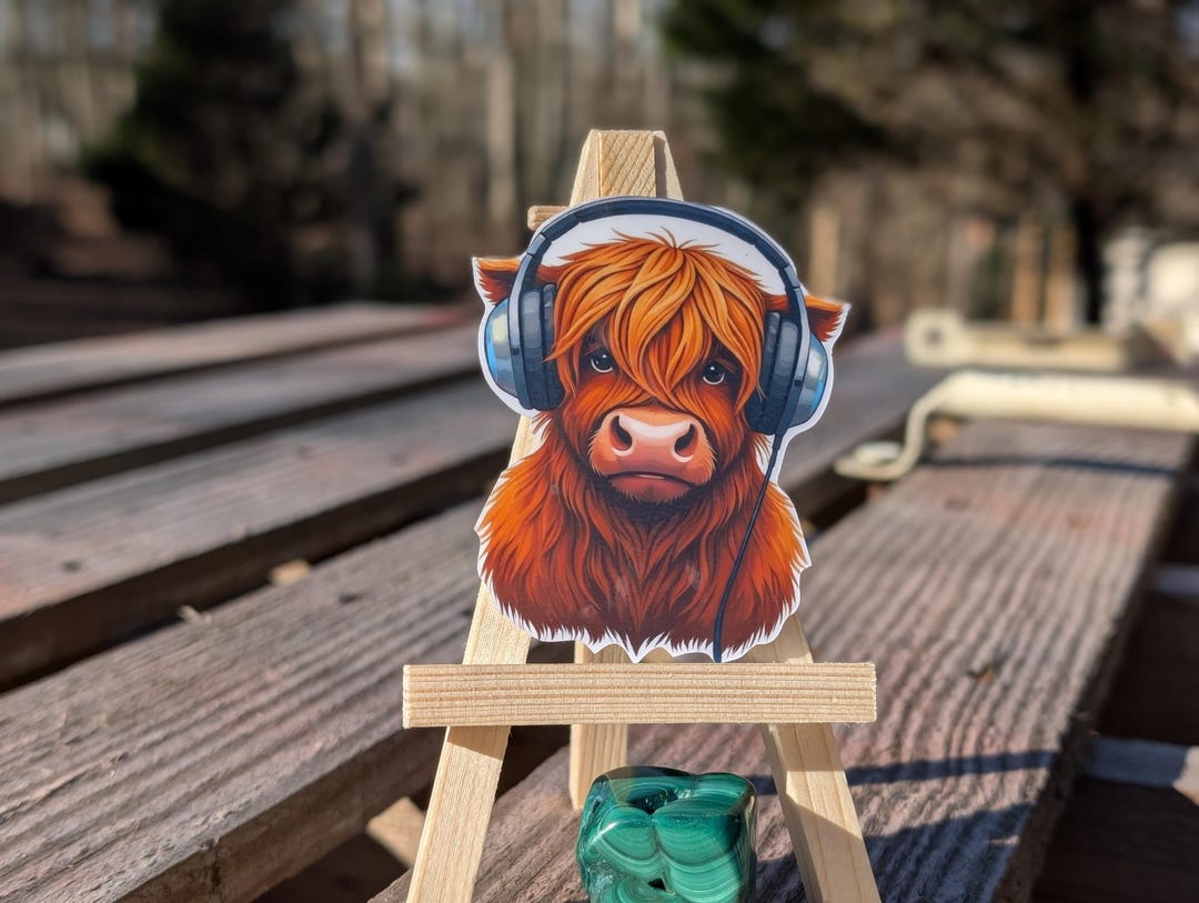 Highland Cow Sticker, Cow With Headphones, Cute Animal Sticker, Funny ...