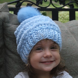 Knitted Girls Hat. Knitted Hat. Girls Knitted Grey Hat. Pom Pom Knit ...
