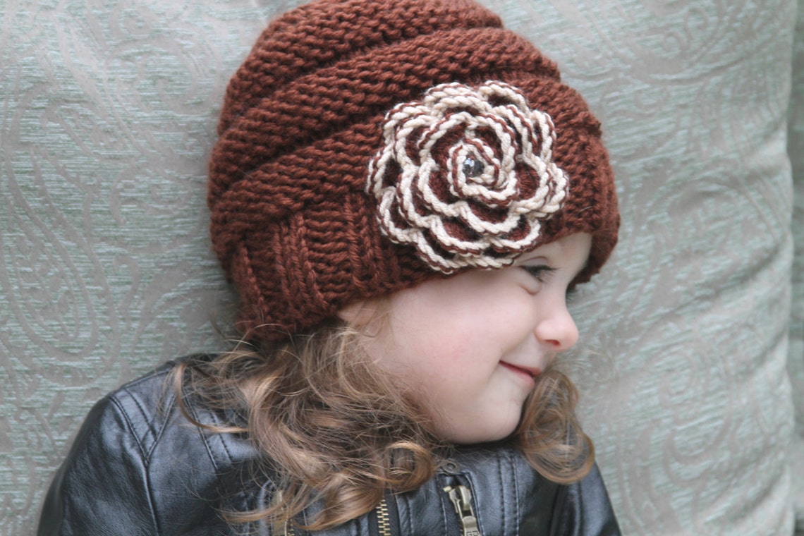 Knit Flower Hat. Knitted Beanie. Knitted Girls Hat. Hand Knit Girls Hat ...