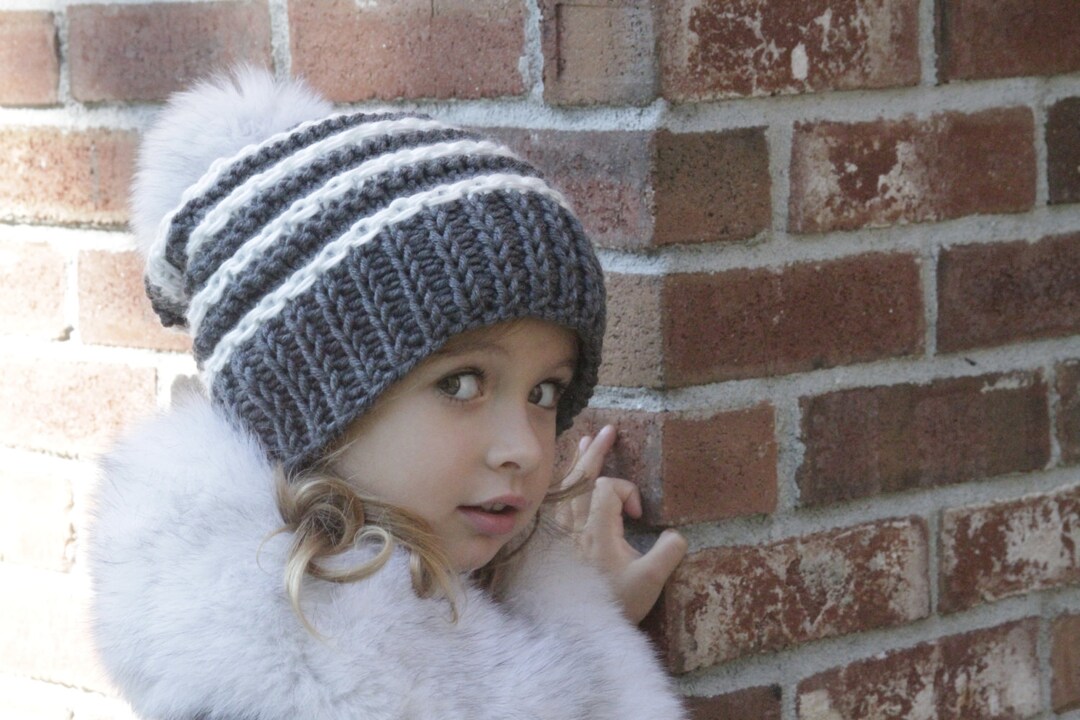 Knitted Girls Hat. Knitted Hat. Girls Knitted Grey Hat. Pom Pom Knit ...