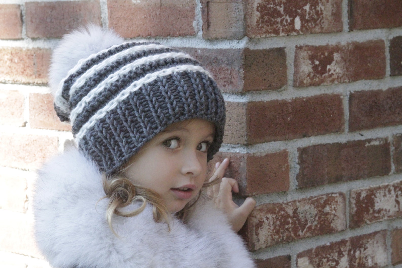 Knitted Girls Hat. Knitted Hat. Girls Knitted Grey Hat. Pom | Etsy