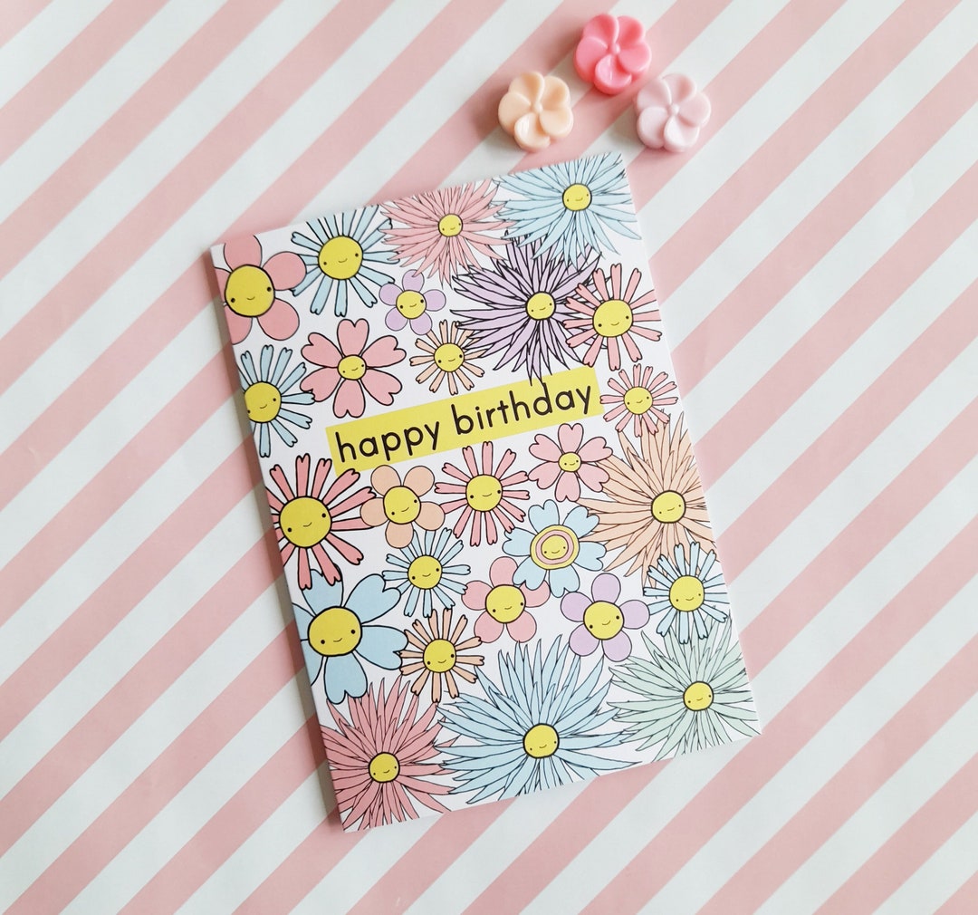 Happy Birthday A6 Greetings Card, Cute Birthday Card, Flowers, Floral ...