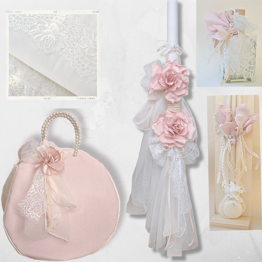 Floral Greek Baptism Set Baby Girl Christening Candle Towel Set ...