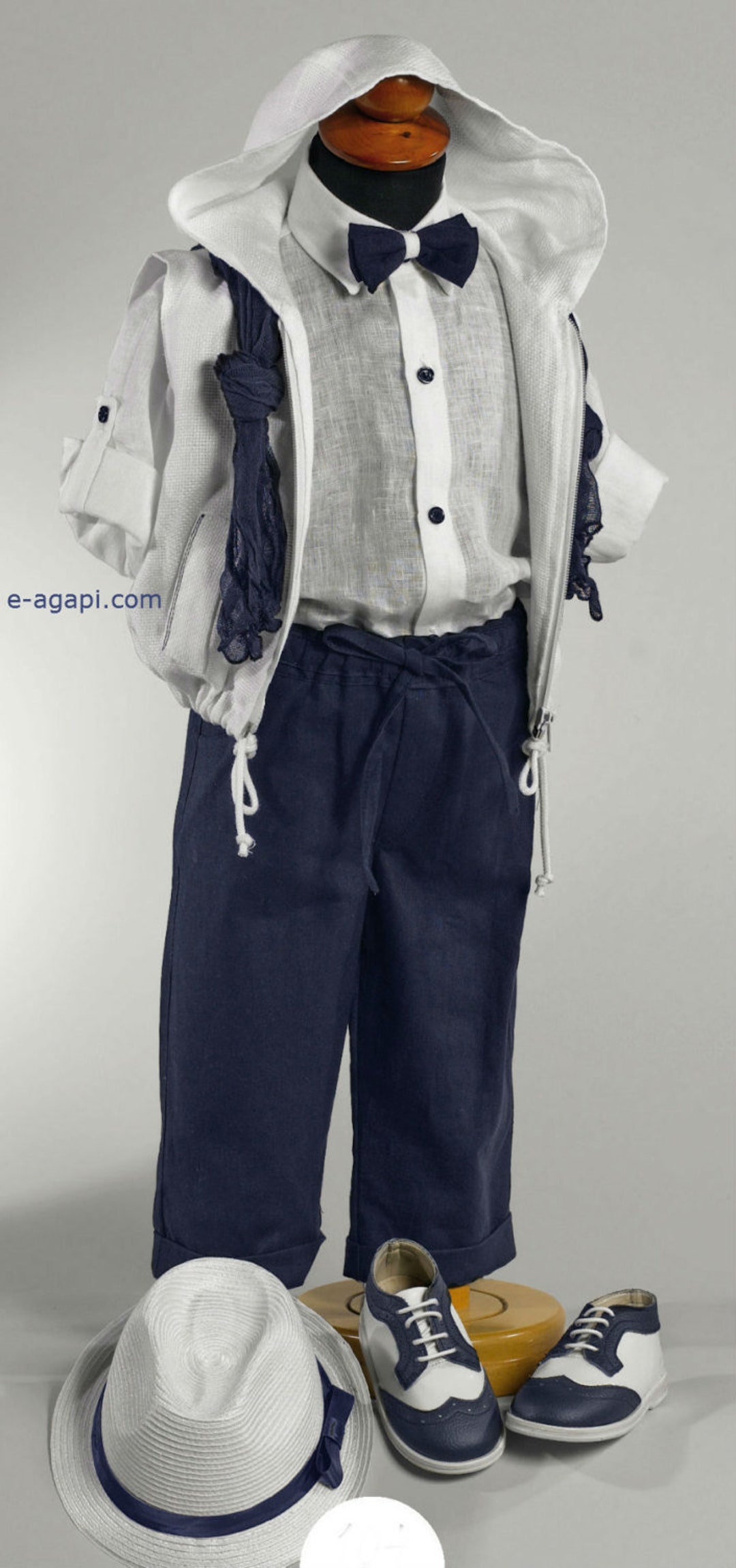 Couture Baby Boy Linen Outfit SET First Birthday White Blue Wedding ...