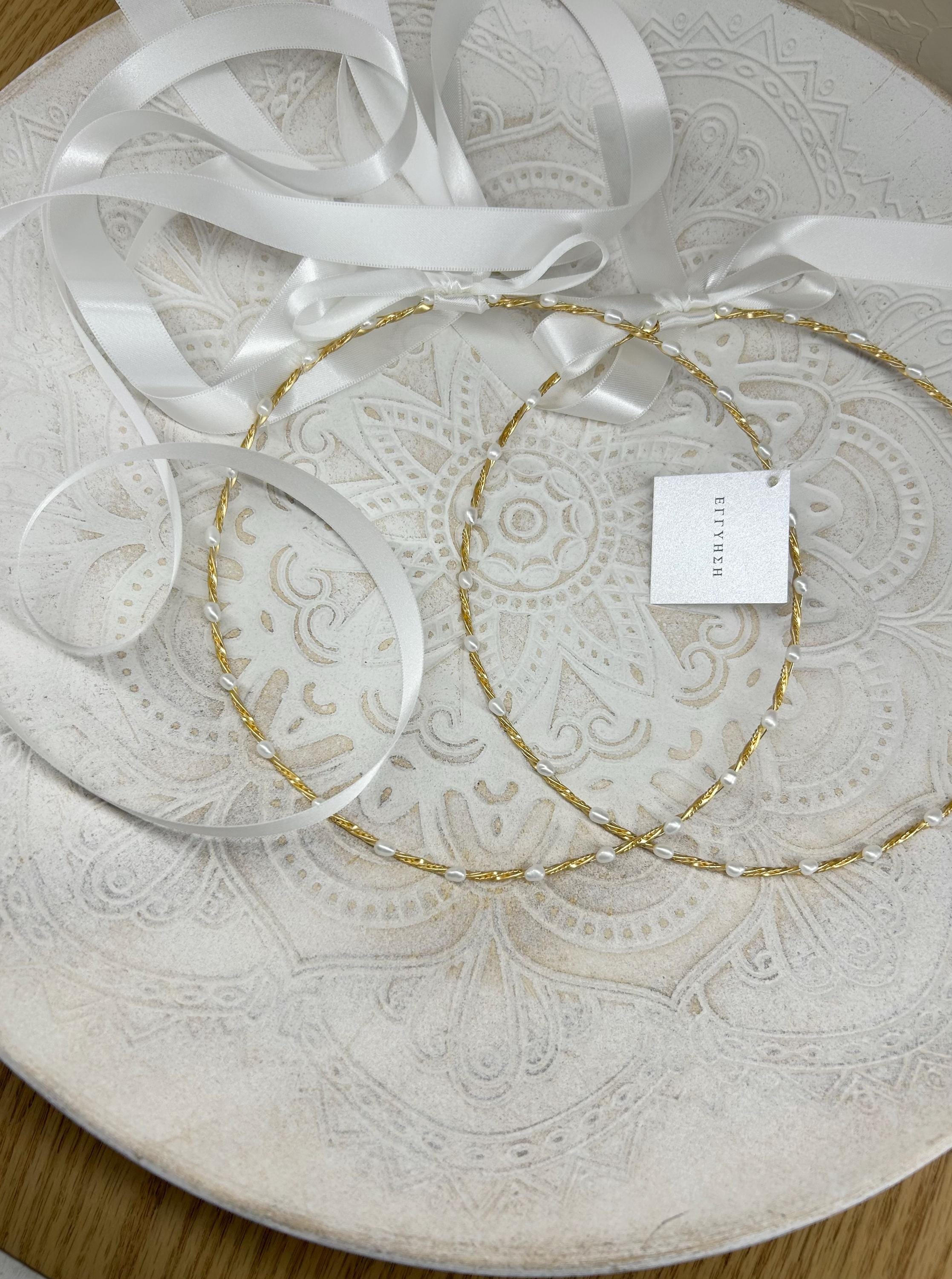 Pearls Gold Plated Wedding Crowns Greek Stefana Orthodox Couple Tiara ...