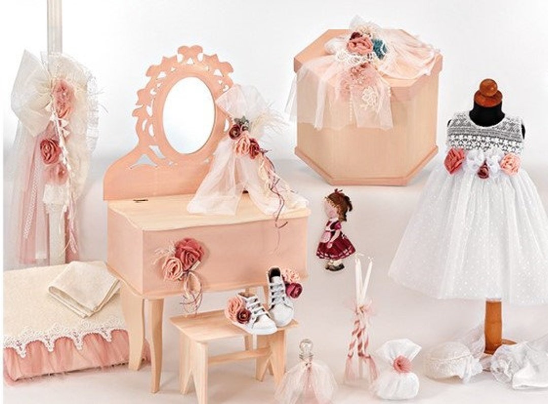 Vanity Mirror Box Greek Baptism Set Baby Girl Christening Candle Towel ...