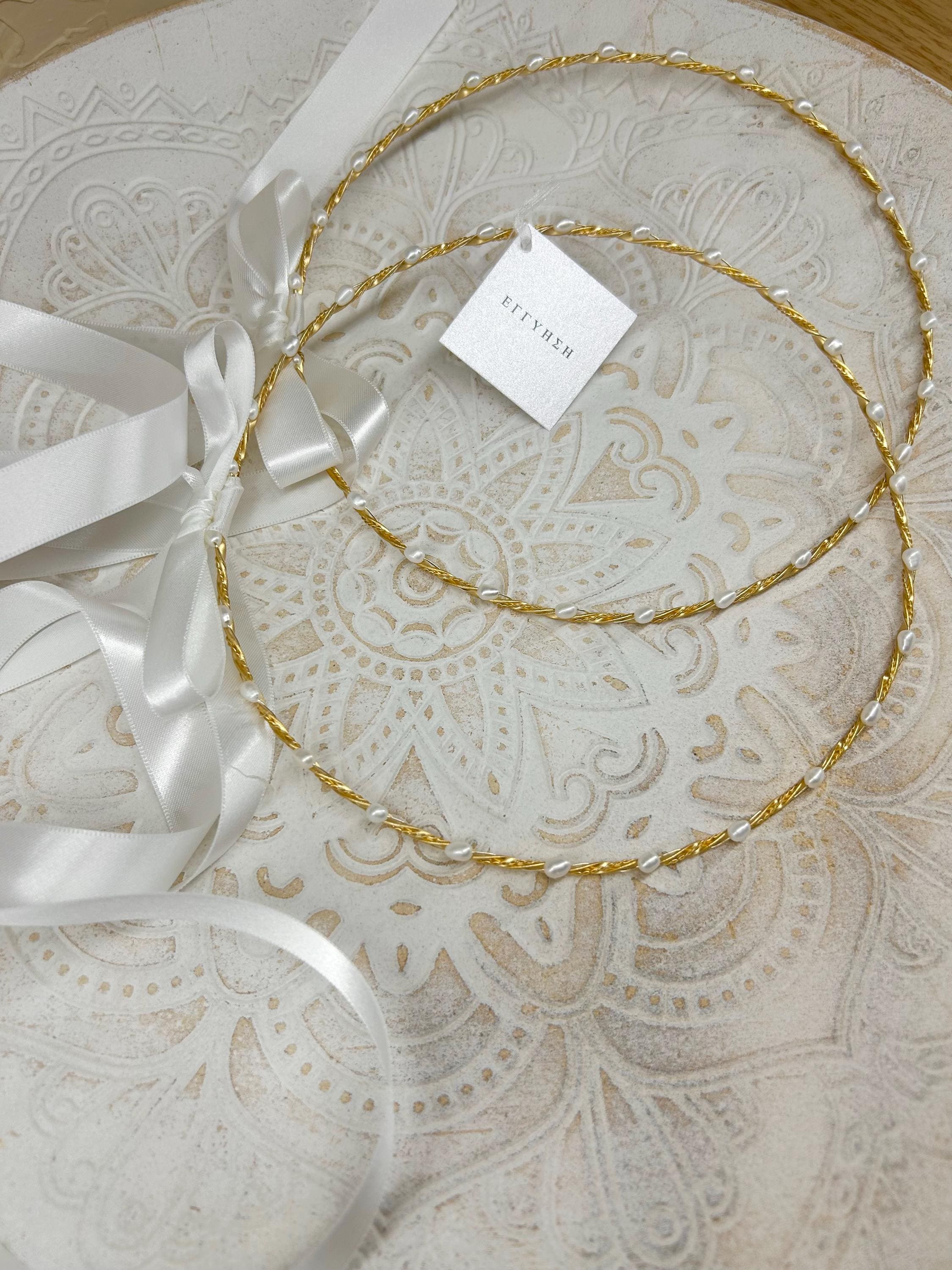 Pearls Gold Plated Wedding Crowns Greek Stefana Orthodox Couple Tiara ...