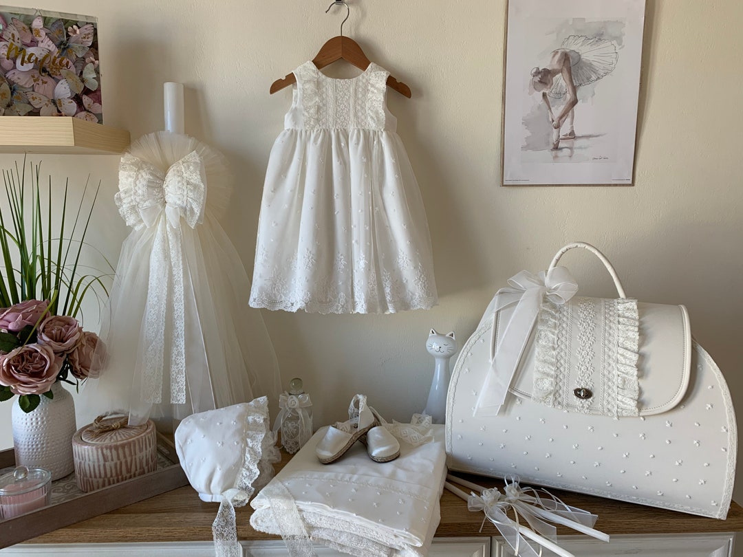 French Lace Complete Baptism Set Dress Keepsake Bag Candle Towel Set ...